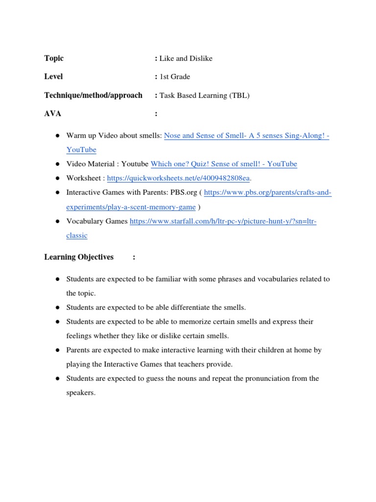 Topic: Like and Dislike Level: 1st Grade Technique/method/approach ...