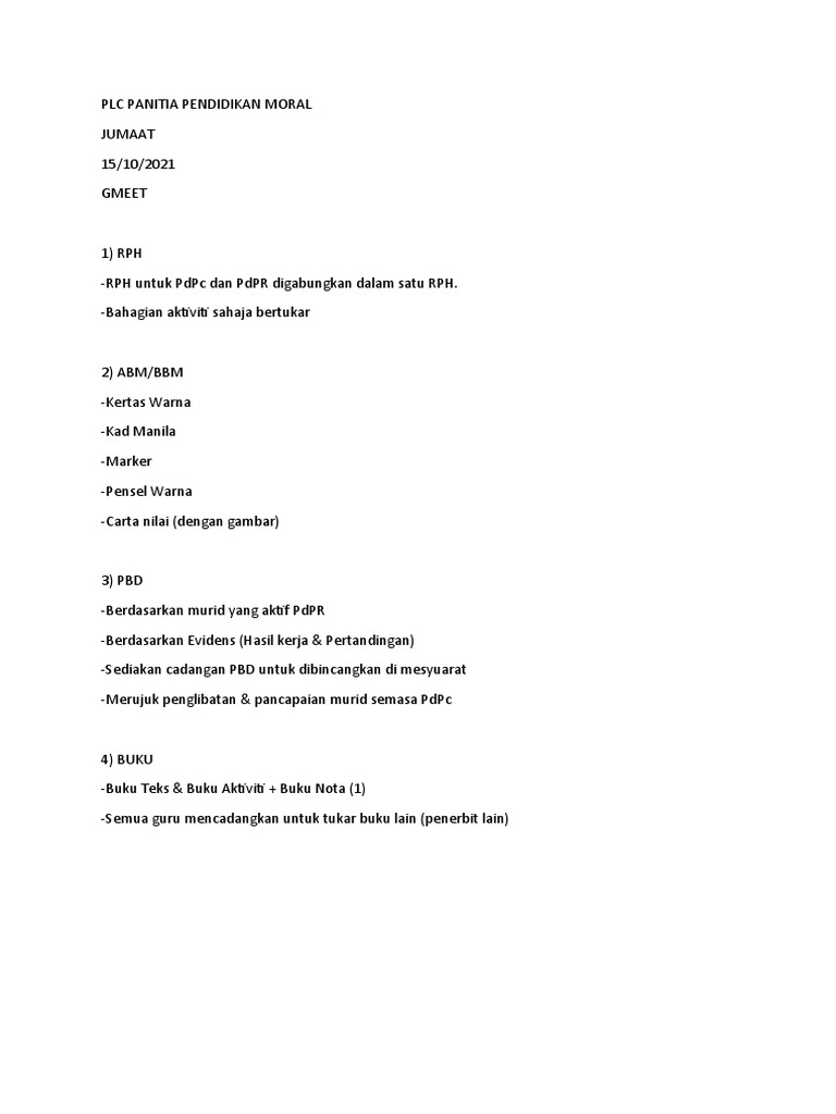 PLC Panitia Pendidikan Moral 151021 | PDF