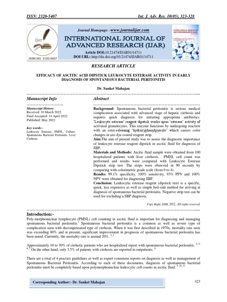 Efficacy of Ascitic Acid Dipstick Leukocyte Esterase Activity in Early ...