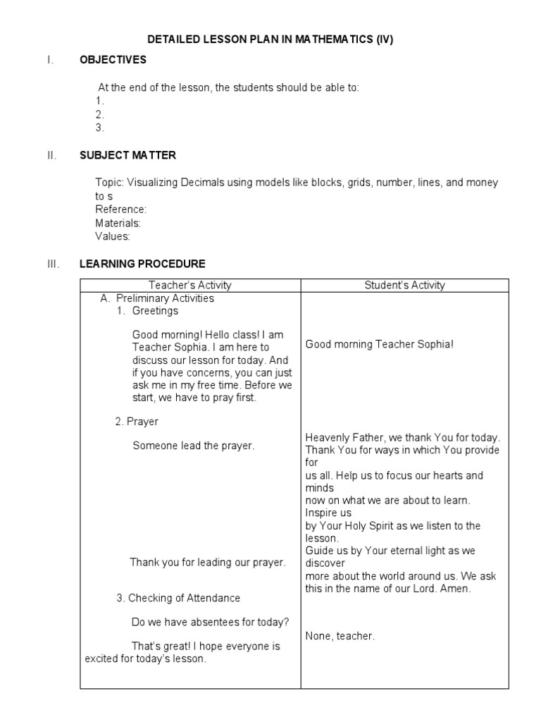 Sample Format of Detailed Lesson Plan in Mathematics | PDF | Lesson ...