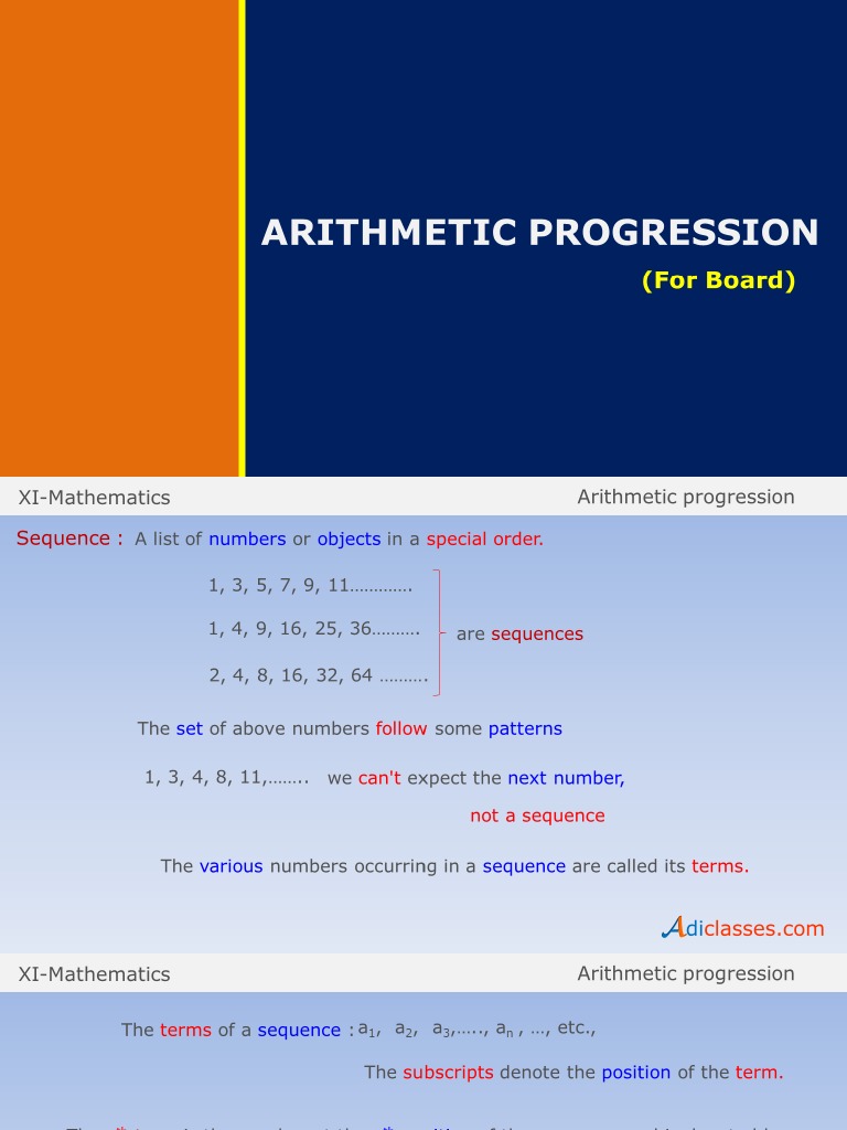 11th Mathematics Sequences and Series AdiClasses Part 1 | PDF