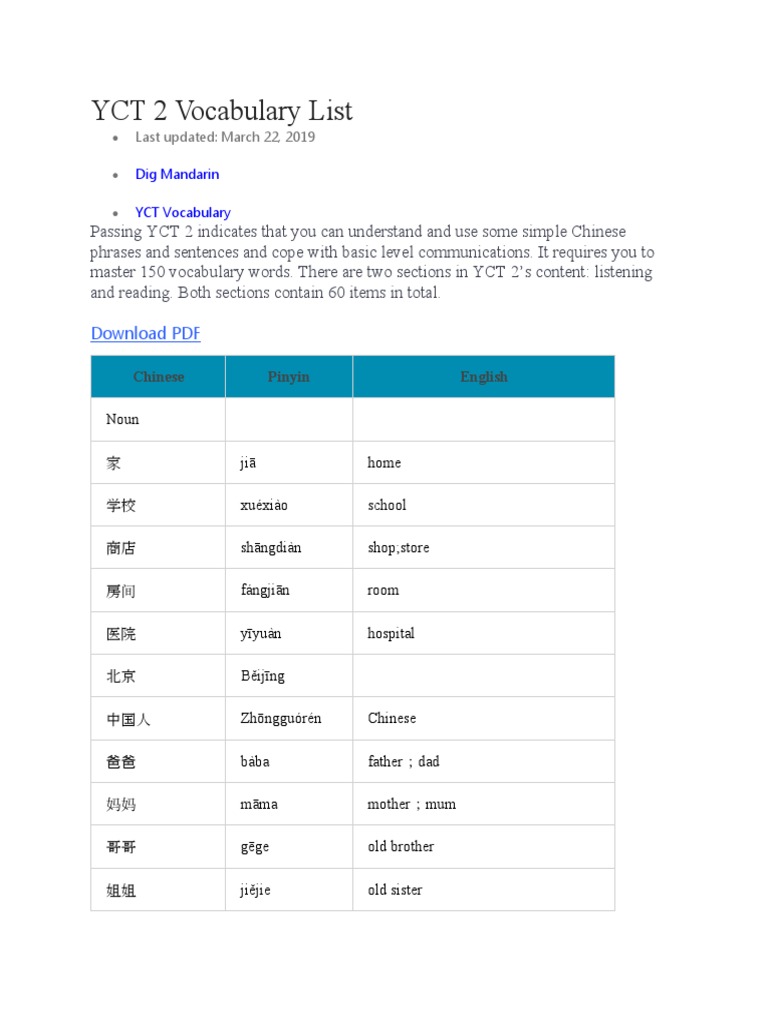 YCT 2 Vocabulary List | PDF | Linguistics | Grammar