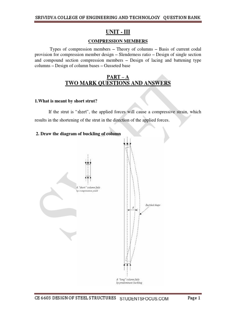 Unit - Iii: Srividya College of Engineering and Technology Question Bank | PDF | Buckling ...