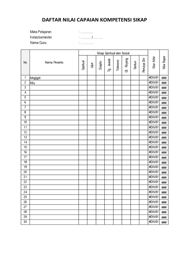 Format Daftar Nilai Siswa 1 | PDF