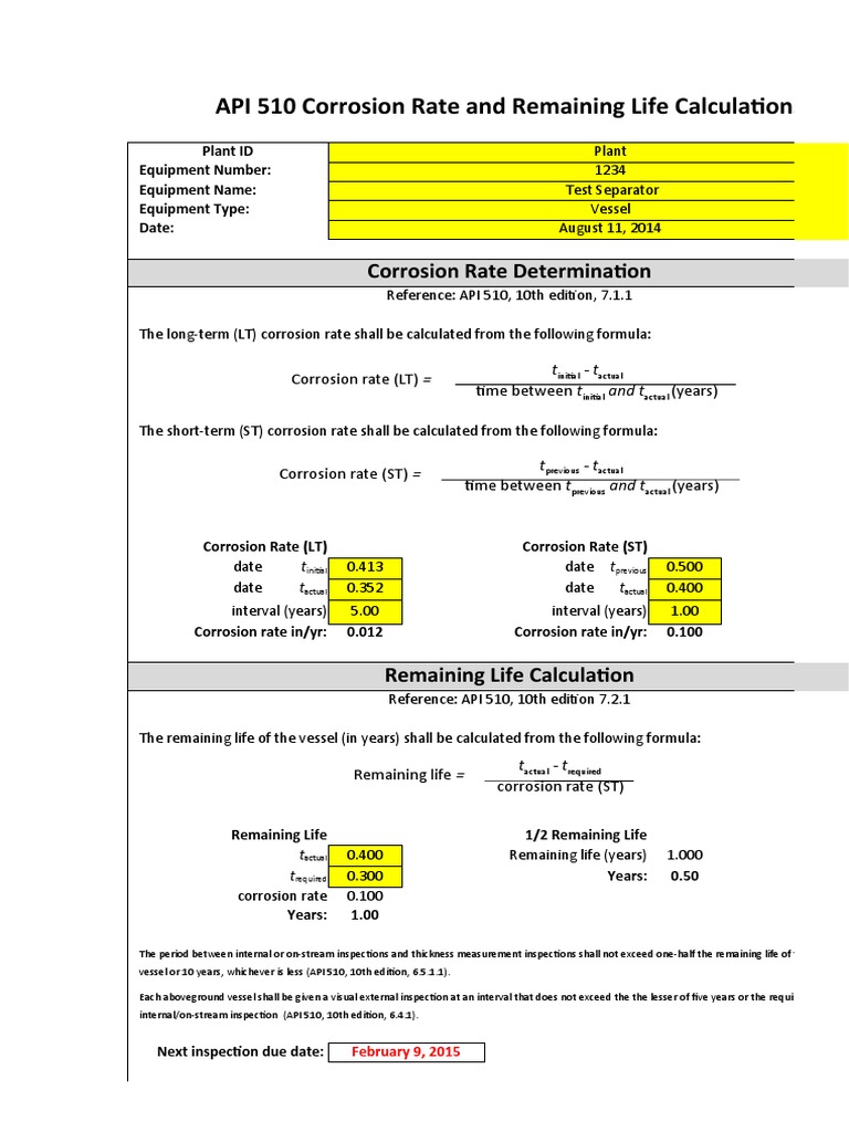 API 510 - Corrosion Rate and Remaining Life Calculations - Rev JMV 05 ...
