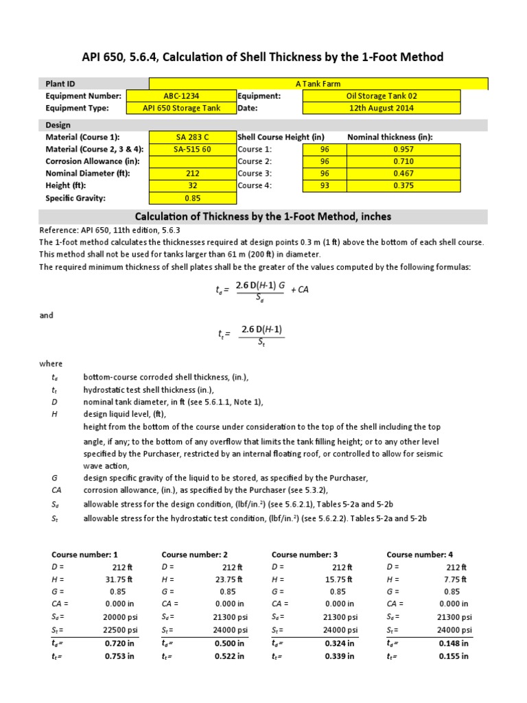 API 650, 5.6.4, Calculation of Shell Thickness by The 1-Foot Method ...
