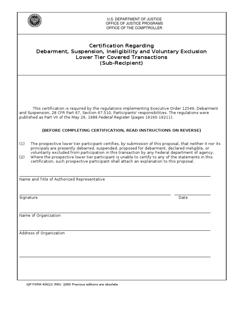 Debarment Certification Instructions | PDF | Federal Government Of The ...