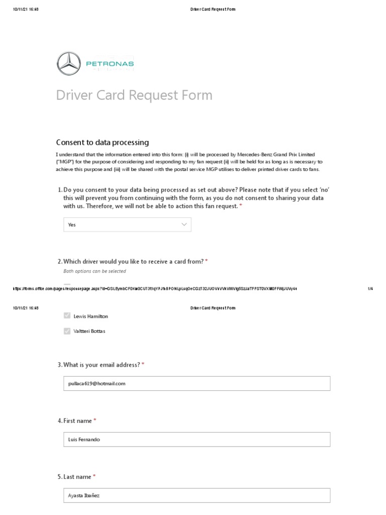 Driver Card Request Form | PDF | Formula One