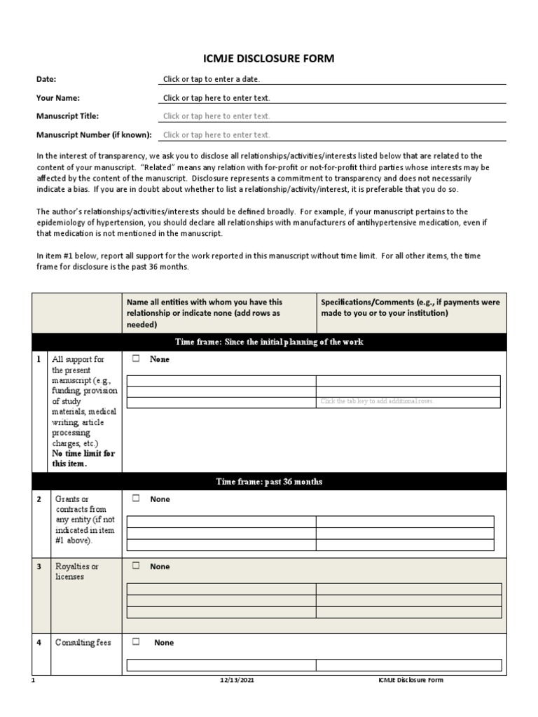 Icmje Disclosure Form: Click or Tap Here To Enter Text. Click or Tap ...