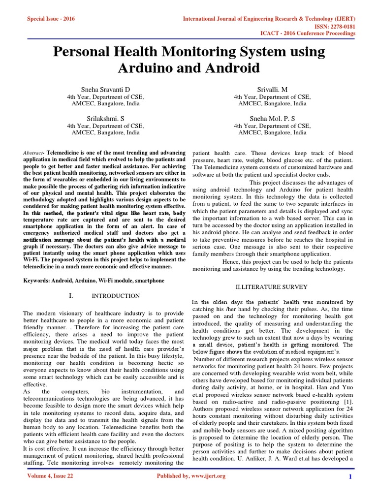 Personal Health Monitoring System Using Arduino and Android IJERTCONV4IS22014 | PDF | Monitoring ...
