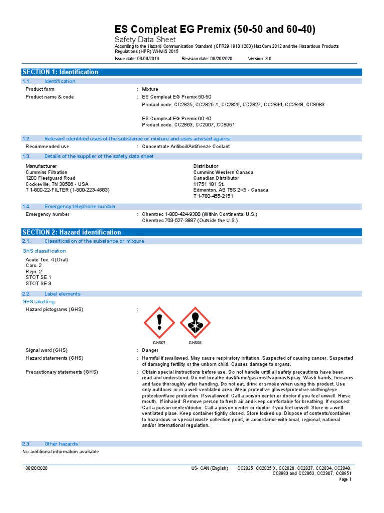 ES Compleat EG Premix (50-50 and 60-40) : Safety Data Sheet | PDF ...