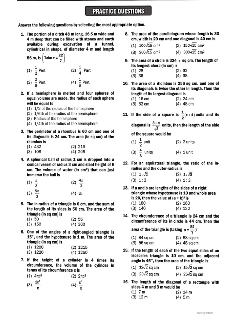 Mensuration Worksheet | PDF
