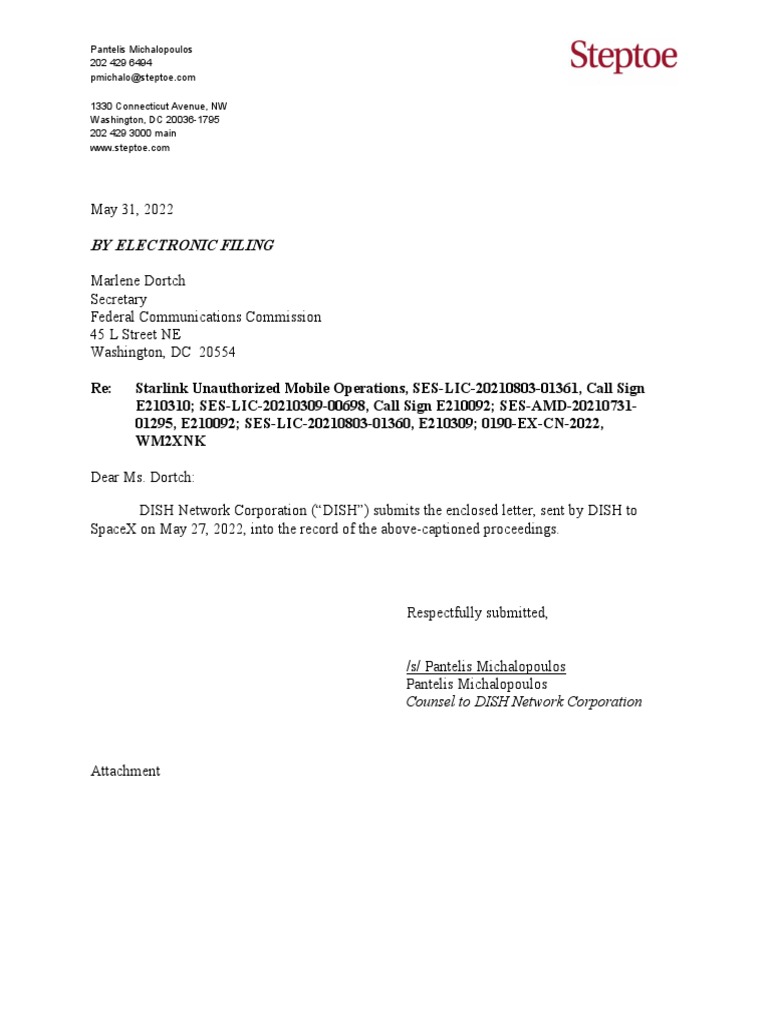 5-31-22 DISH Letter | PDF | Space X | Communications Satellite