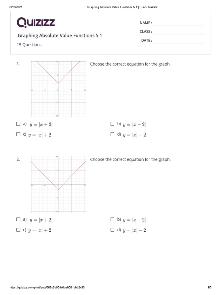 Graphing Absolute Value Functions Quiz | PDF