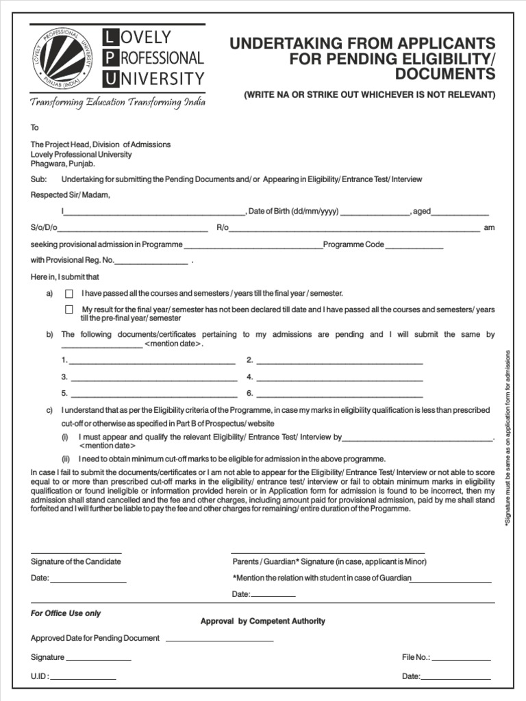Format Undertaking Pending Documents | PDF