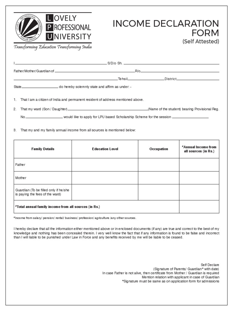 Income Declaration Form: (Self Attested) | PDF