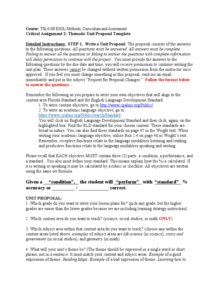Thematic Unit Proposal Template | PDF | English As A Second Or Foreign ...