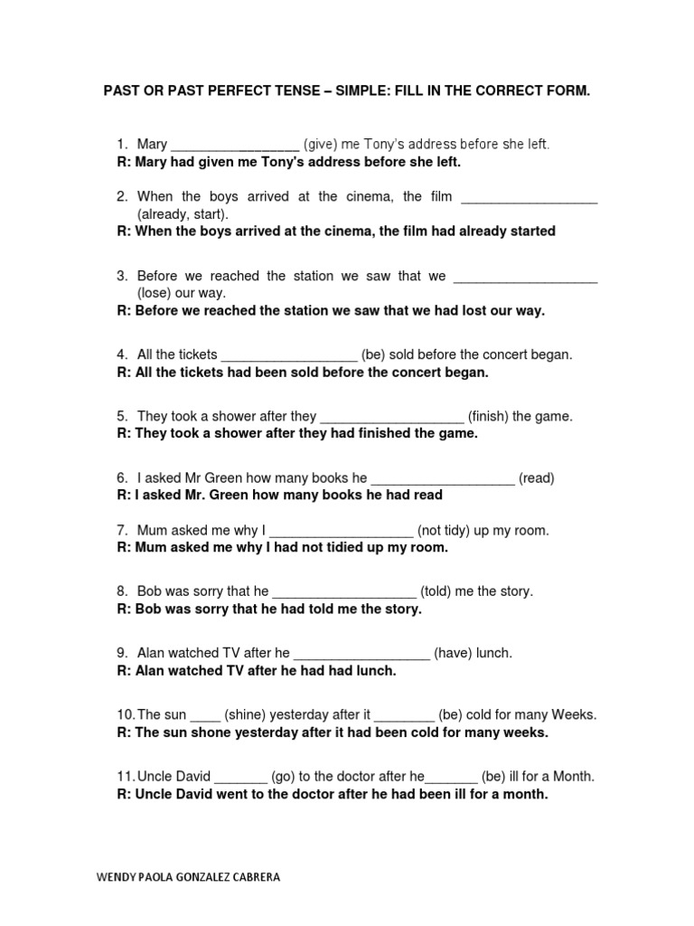 Past Perfect Tense Exercises and Answers | PDF
