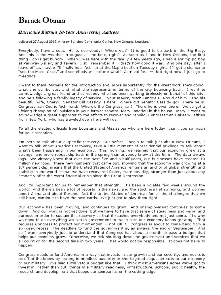 Barack Obama Speech Language II | PDF | New Orleans | Federal Emergency ...