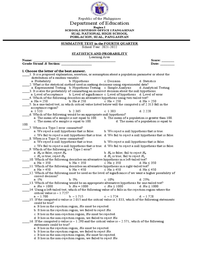 4th Summative Test in Statistics and Probability | PDF | Student's T ...