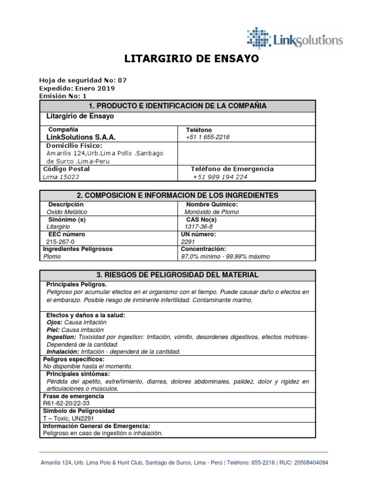 MSDS Litargirio PDF | PDF | Residuos | Agua