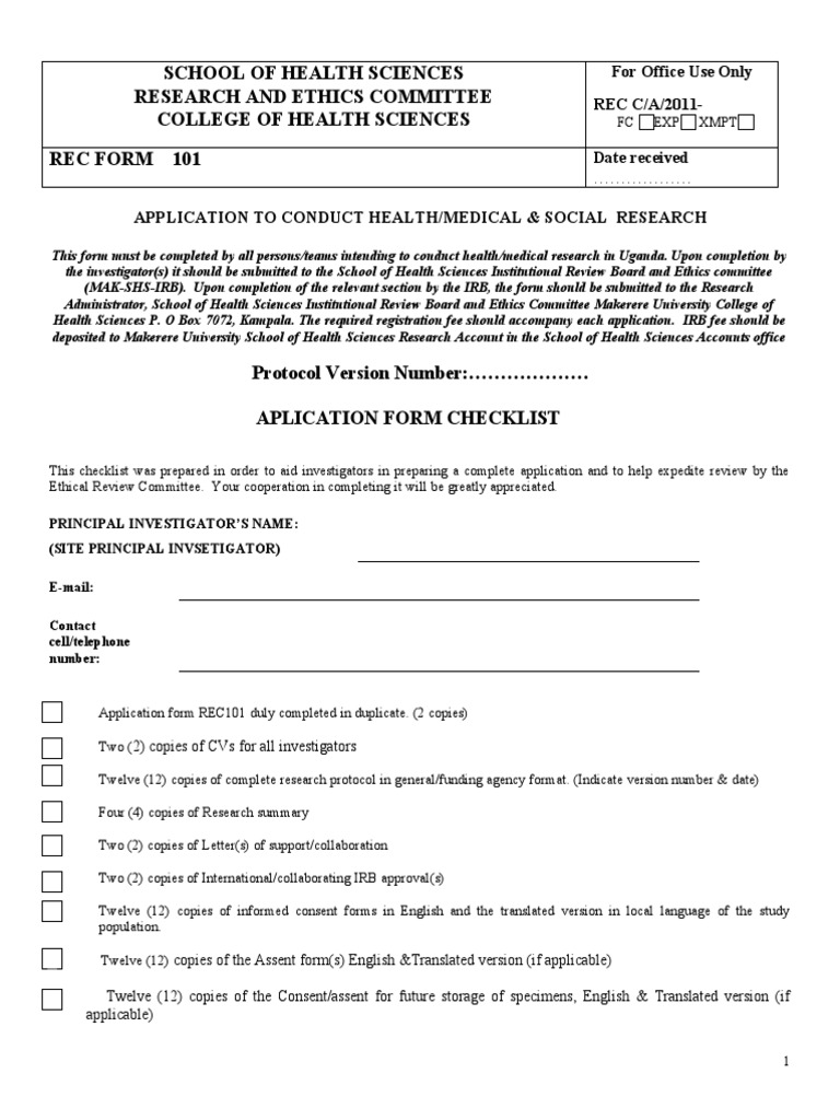 REC Application Form for Health Research | PDF | Institutional Review ...