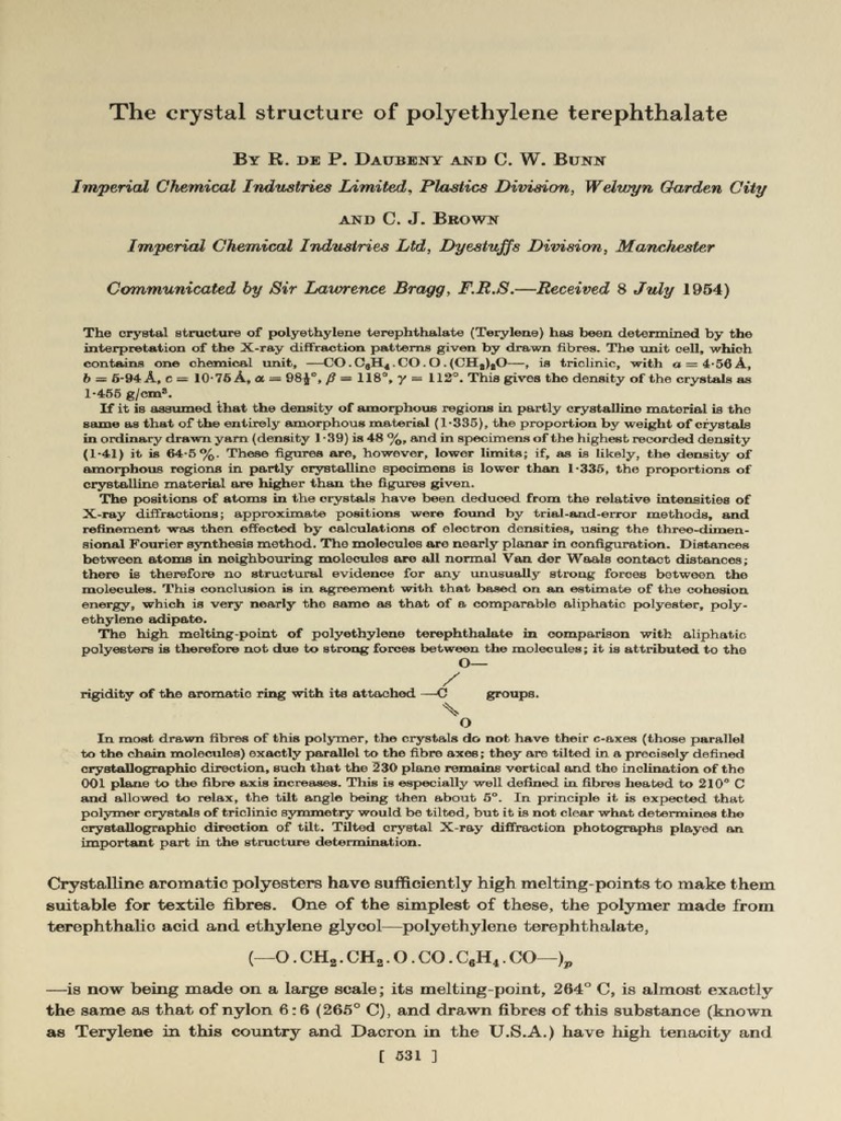1954 - The Crystal Structure of Polyethylene Terephthalate | PDF | X ...