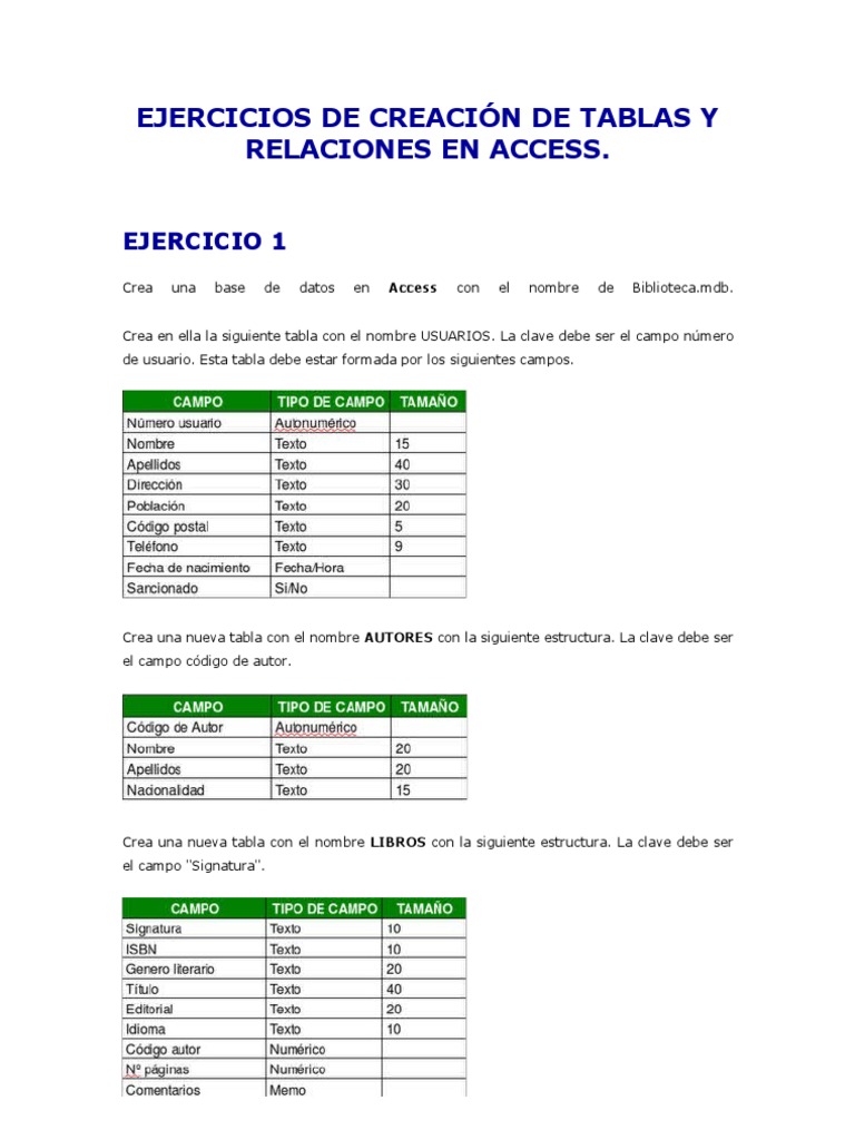 Ejercicios de Creación de Tablas y Relaciones en Access | PDF | Tabla (base de datos) | Bases de ...