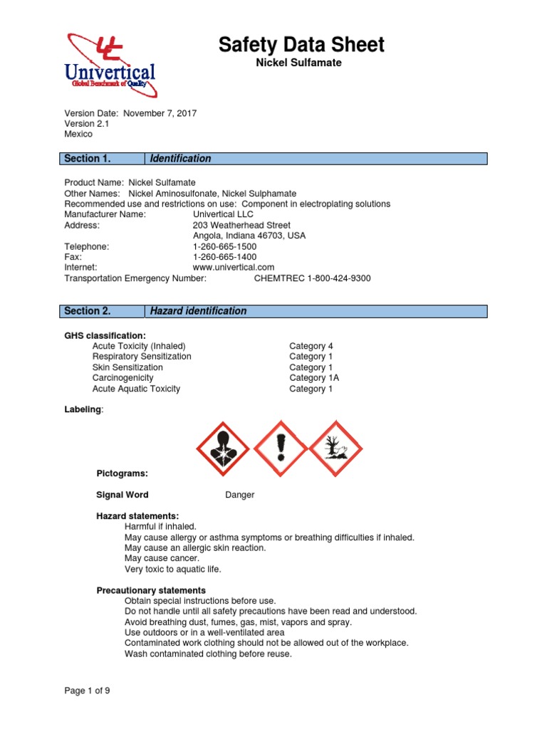 Nickel Sulfamate SDS 171107 Mexico English | PDF | Toxicity | Water
