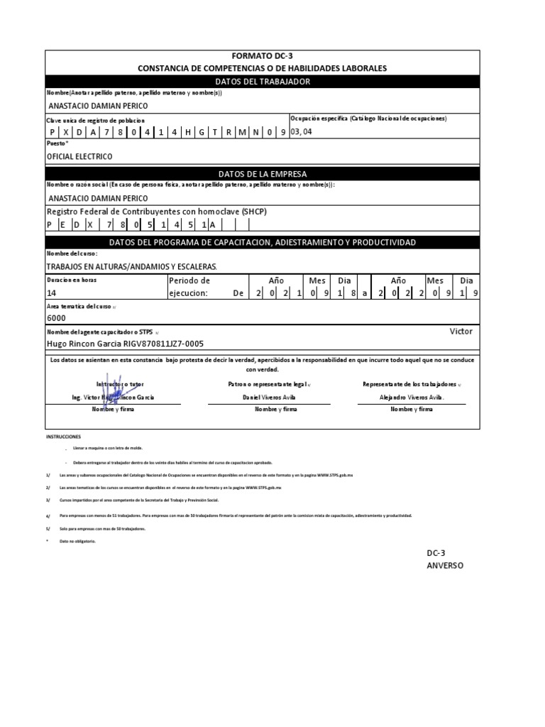 Datos Del Trabajador: Formato Dc-3 Constancia de Competencias O de Habilidades Laborales | PDF