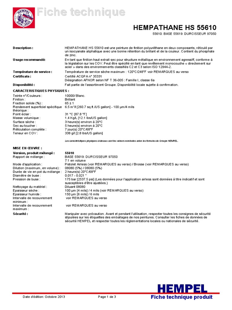 Fiche technique HEMPATHANE HS 55610 | PDF | Substances chimiques ...