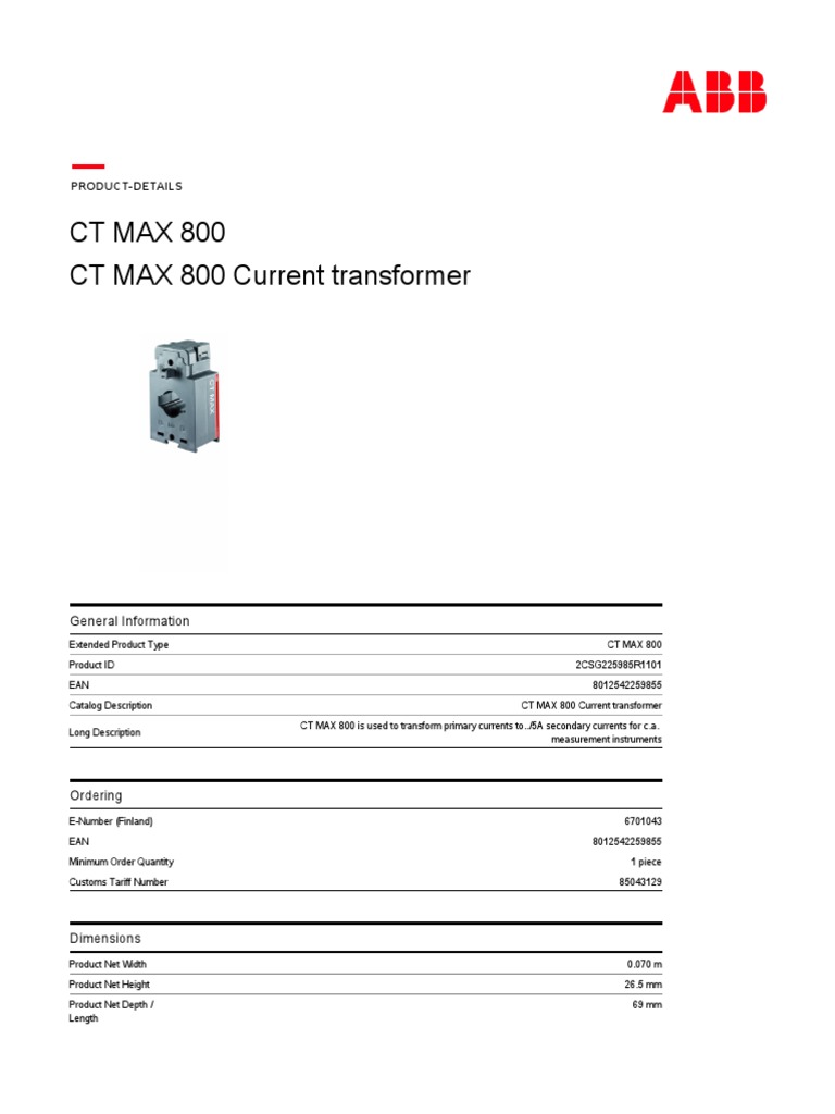 CT MAX 800 Current Transformer Specs | PDF | Transformer | Manufactured ...