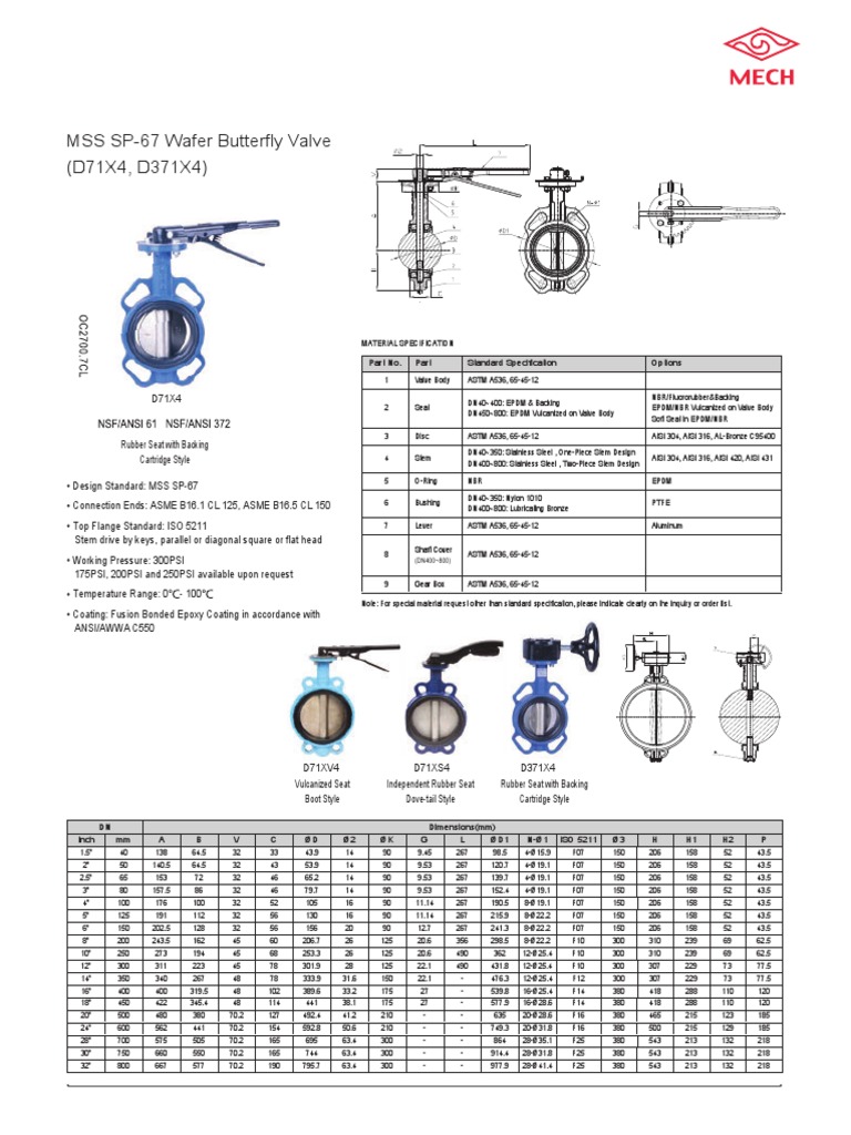 Specifications and Dimensions for MSS SP-67 Wafer Butterfly Valves in ...