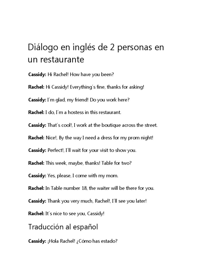 Diálogo En Inglés De 2 Personas En Un Restaurante Pdf Américas