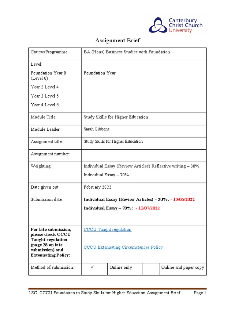 CCCU BABSFY L0 T1 Study Skills For Higher Education Assignment 1 and 2 NEW | PDF | Essays ...