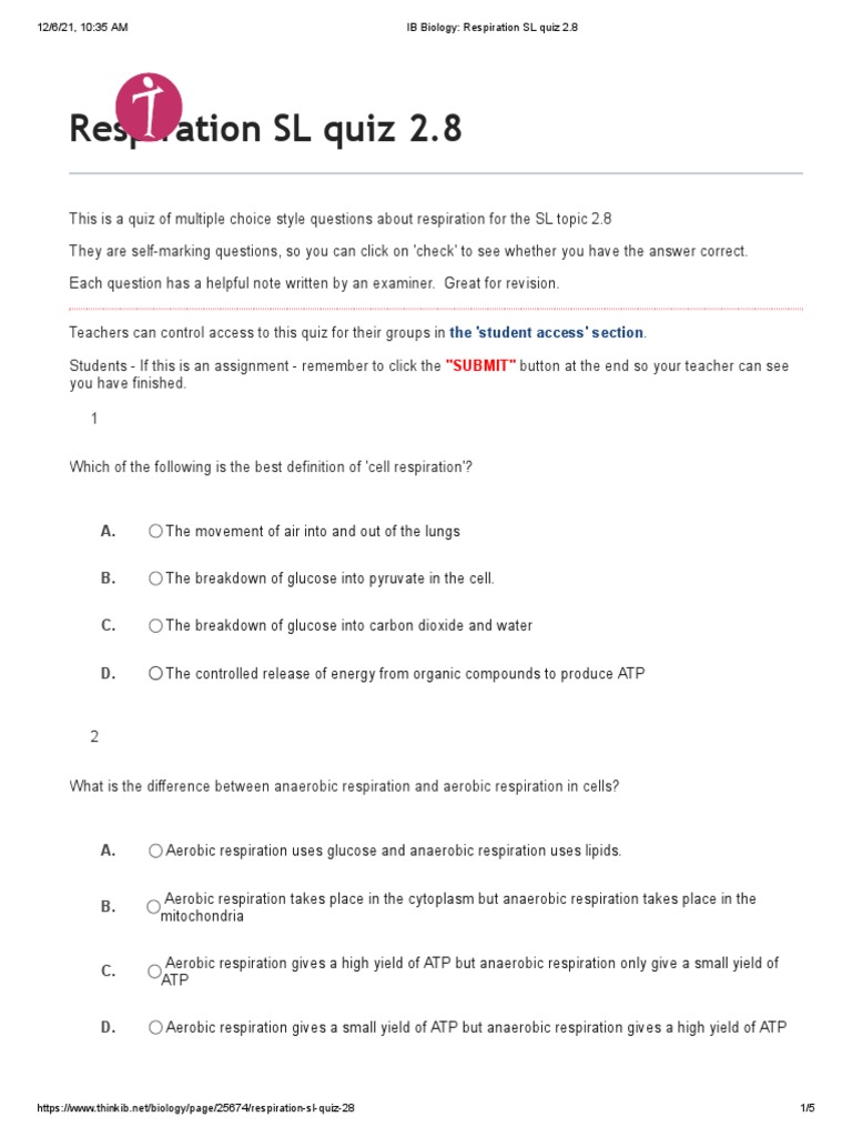 IB Biology - Respiration SL Quiz 2.8 | PDF | Cellular Respiration ...