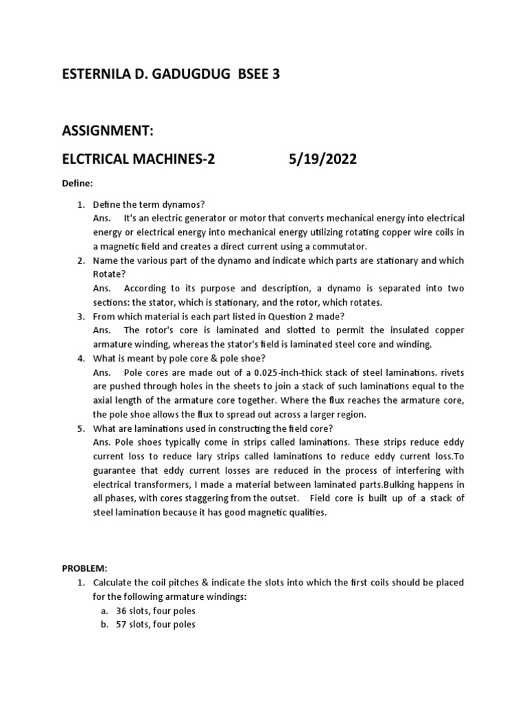 Esternila D. Gadugdug Bsee 3 Assignment: Elctrical Machines-2 5/19/2022 | PDF