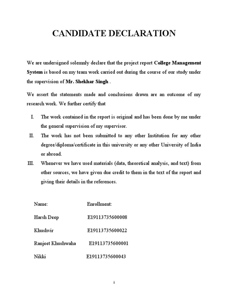 Candidate Declaration: System Is Based On My Team Work Carried Out ...