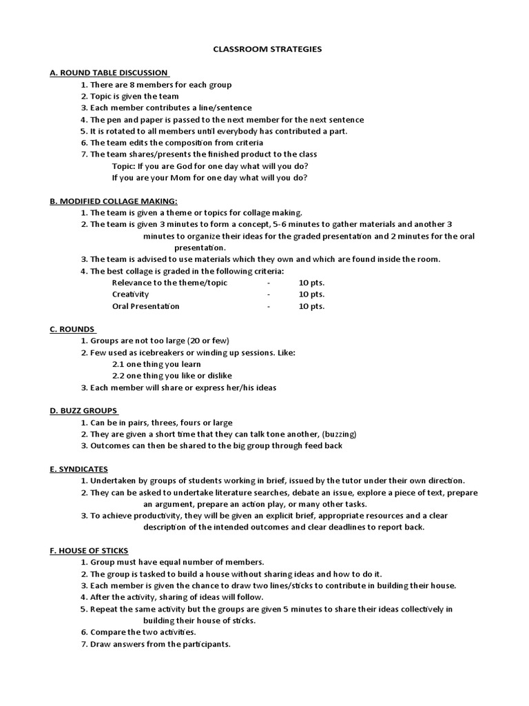 Classroom Strategies: A. Round Table Discussion | PDF | Thought | Cognition