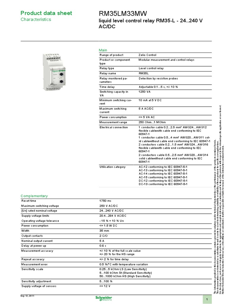 RM35LM33MW: Product Data Sheet | PDF | Relay | Alternating Current