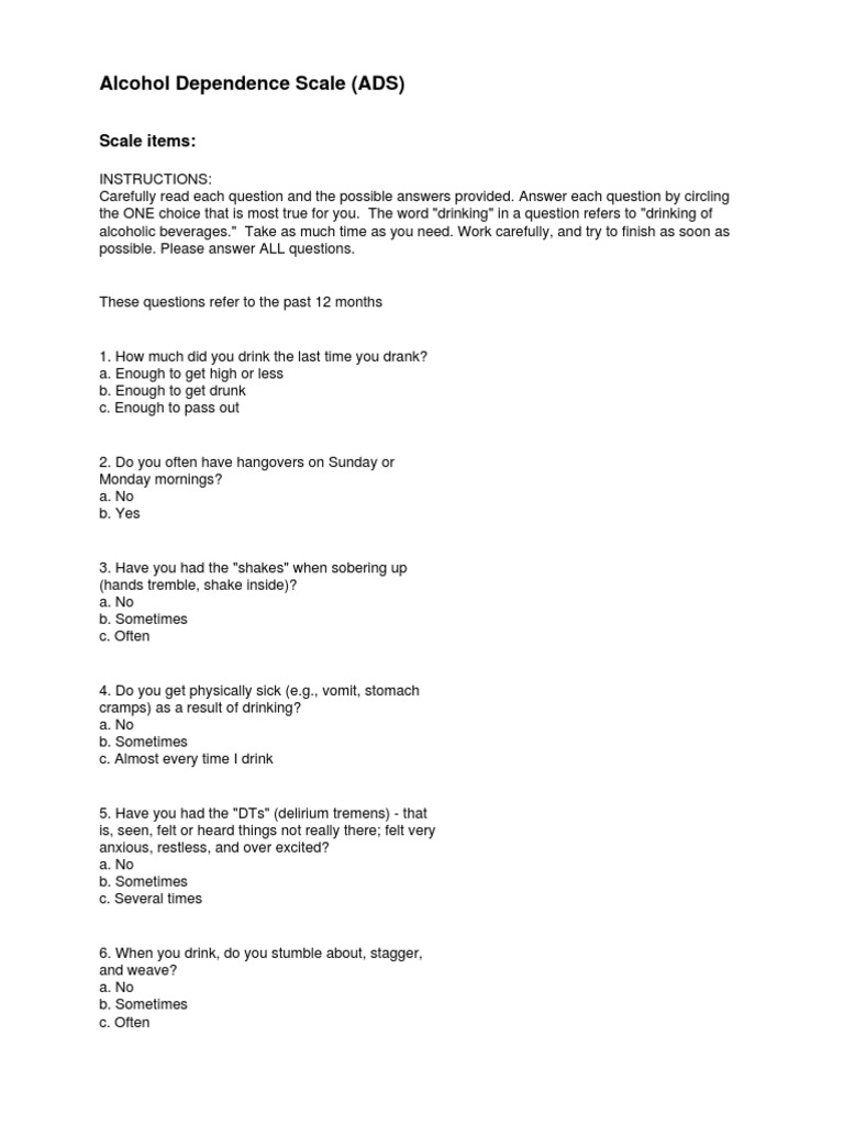 Alcohol Dependence Scale Questionnaire | PDF | Alcohol Abuse ...
