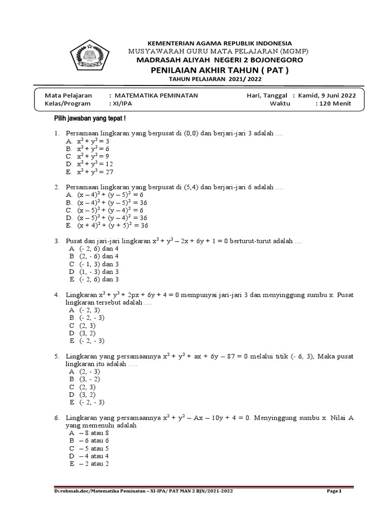 Soal MTK Peminatan Xi | PDF