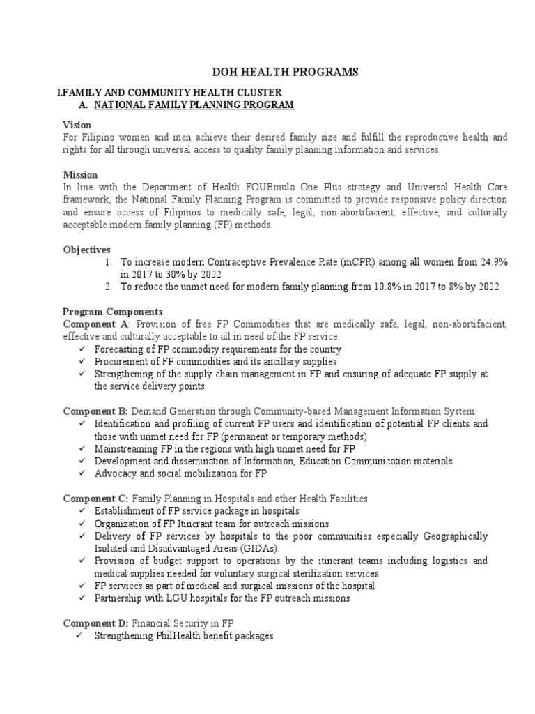 Doh Health Programs: I.Family and Community Health Cluster A. National ...