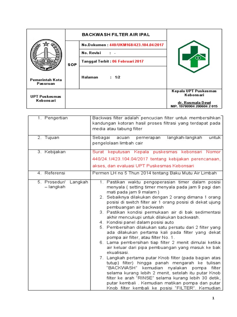 Sop Backwash Filter Air Ipal | PDF