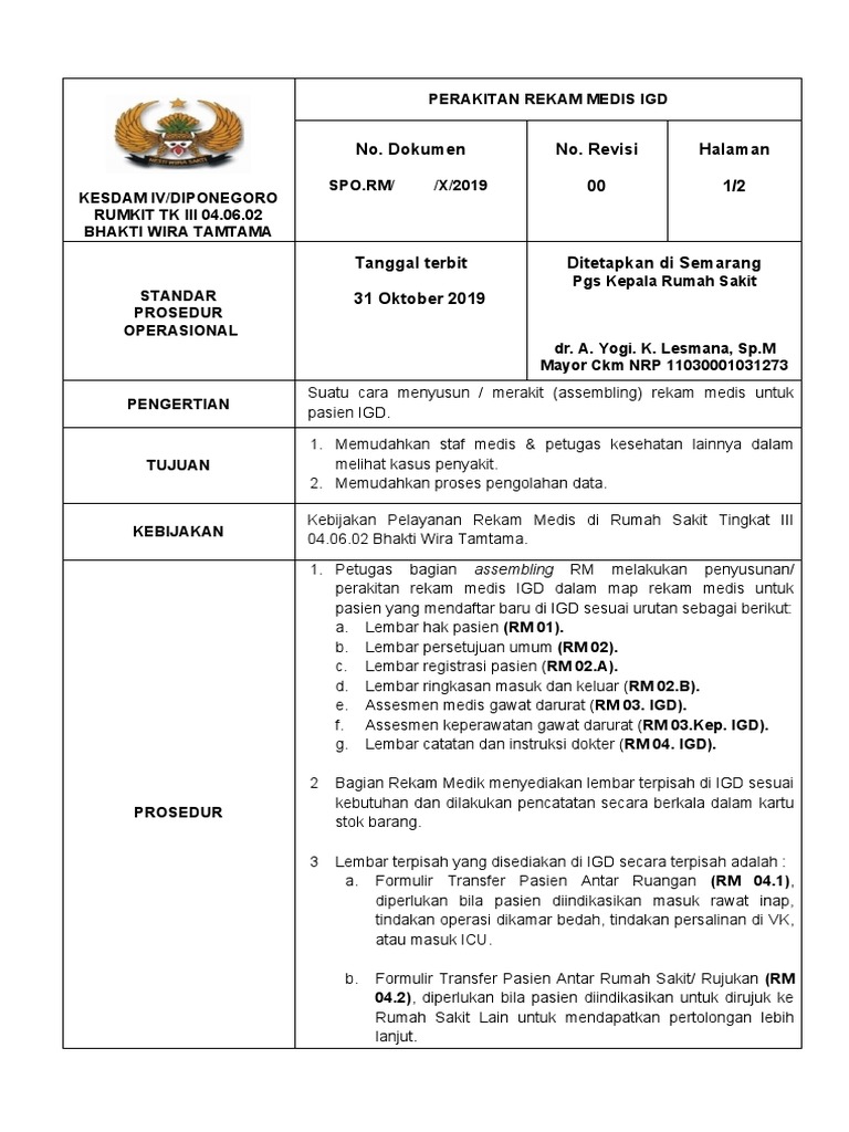 SPO Perakitan Rekam Medis IGD | PDF