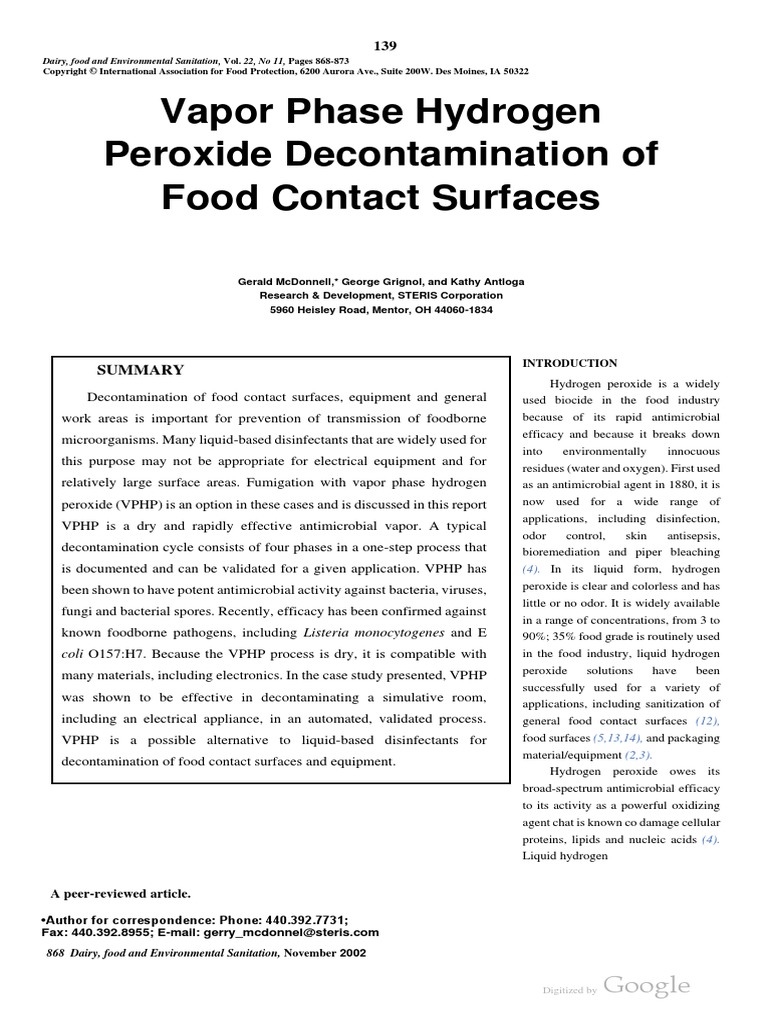 Vapor Phase Hydrogen Peroxide Decontamination of Food Contact Surfaces ...