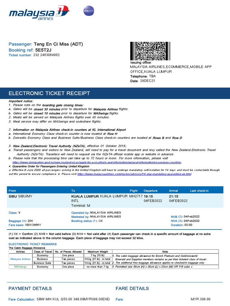 Your Electronic Ticket-EMD Receipt | Download Free PDF | Aviation ...