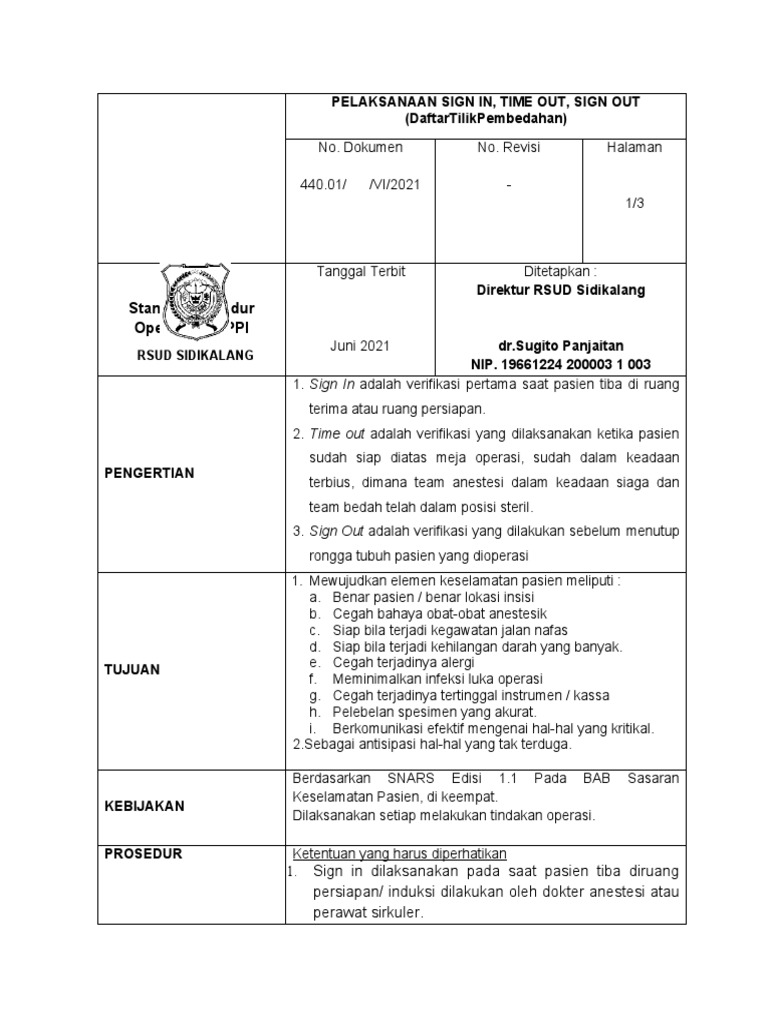 Pelaksanaan Sign In, Time Out, Sign Out | PDF