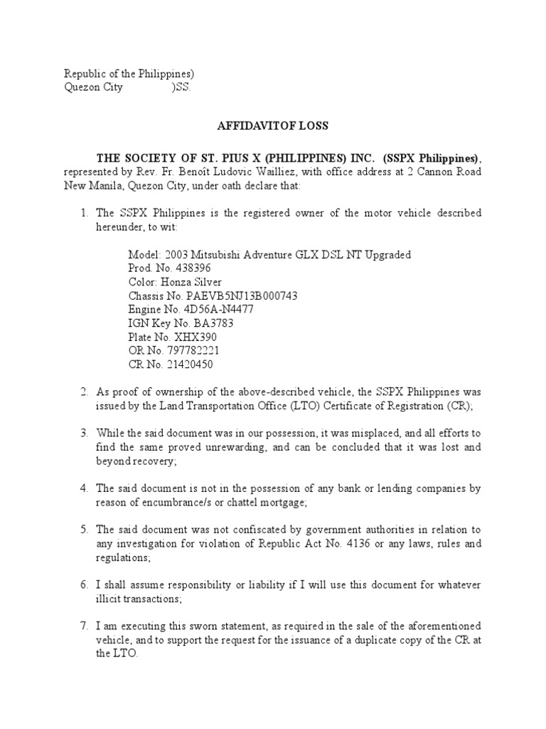 Affidavit of Loss-Certificate of Registration | PDF