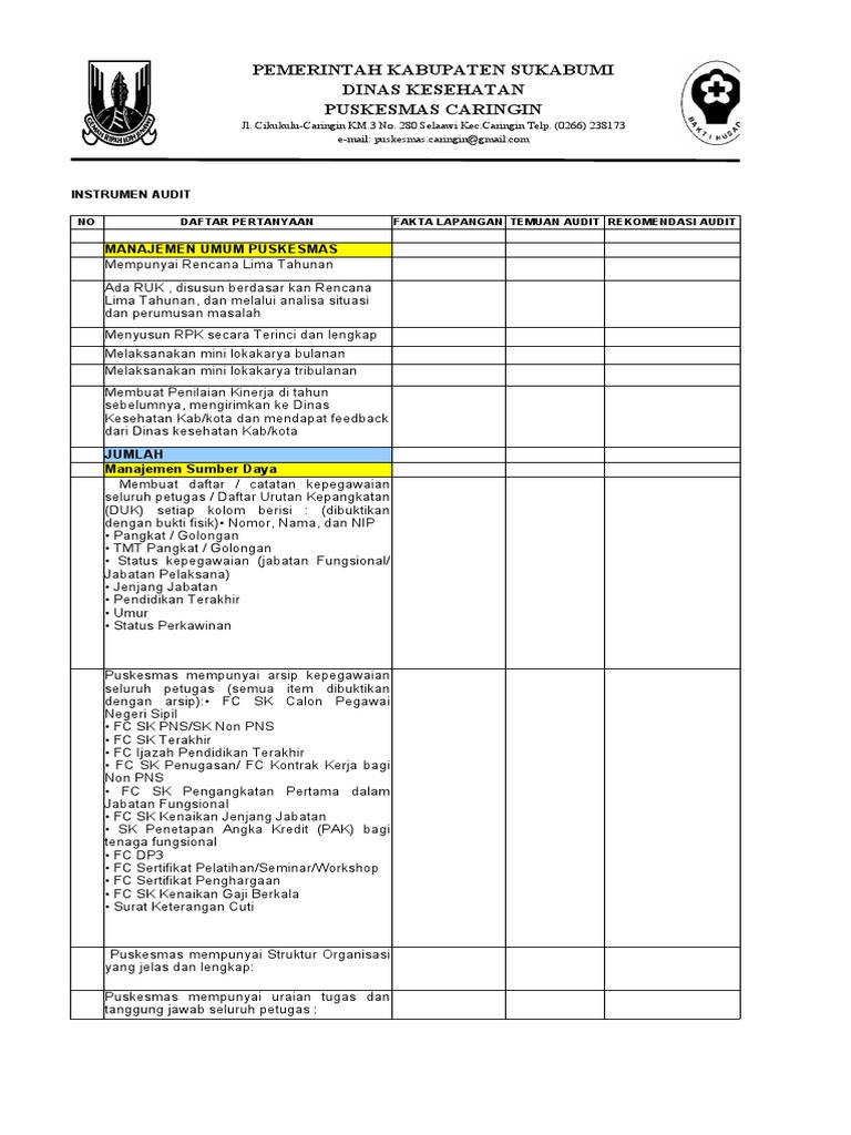 Instrumen Audit Internal Puskesmas 2024 | PDF